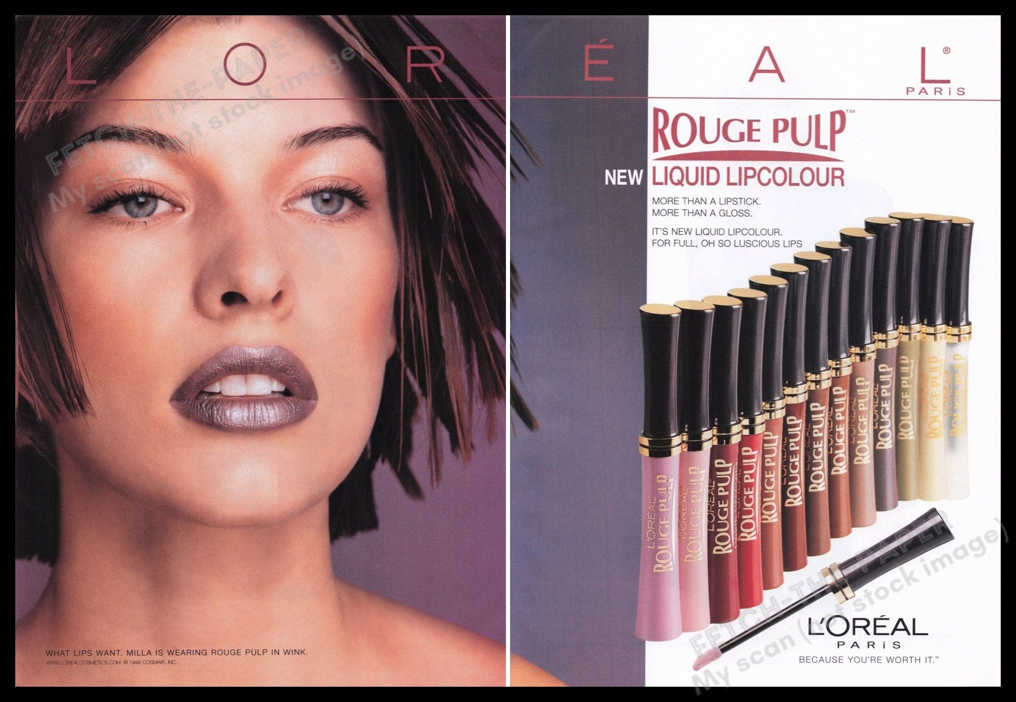 L'Oreal Milla Jovovich 1990s Print Advertisement (2 pages) 1998 Cosmet — Fetch-the-Paper
