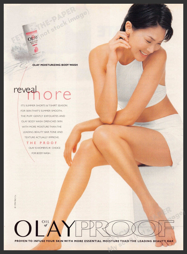 Oil of Olay 1990s Magazine Print Advertisement 1998 Proof Legs "Reveal — Fetch-the-Paper