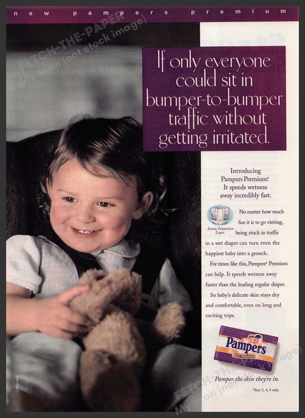 Pampers 1990s Print Advertisement 1998 Premium Car Seat Plushy — Fetch-the-Paper