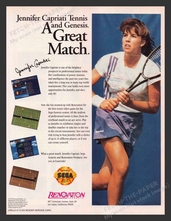 1992 Jennifer Capriati Tennis Video Game Print Advertisement — Fetch-the-Paper