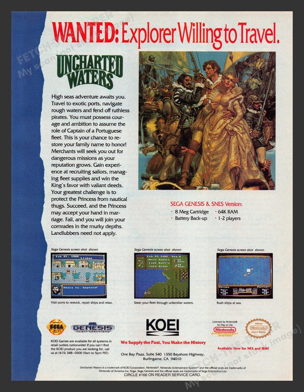 1992 Uncharted Waters Video Game Print Advertisement — Fetch-the-Paper
