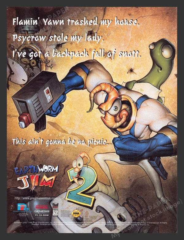 1996 Earthworm Jim 2 "Flamin' Yawn" Video Game Print Advertisement — Fetch-the-Paper