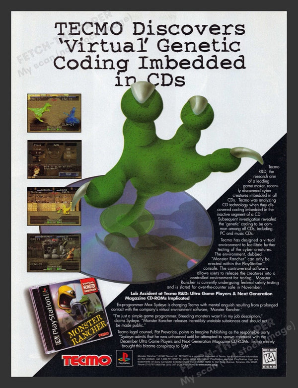 1997 Monster Rancher Dino Hand Video Game Print Advertisement — Fetch-the-Paper