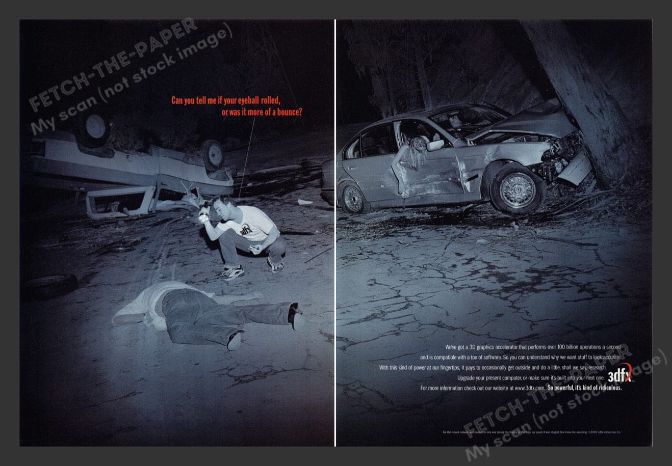1999 3dfx Car Crash Video Game Print Advertisement (2 Pages) — Fetch-the-Paper