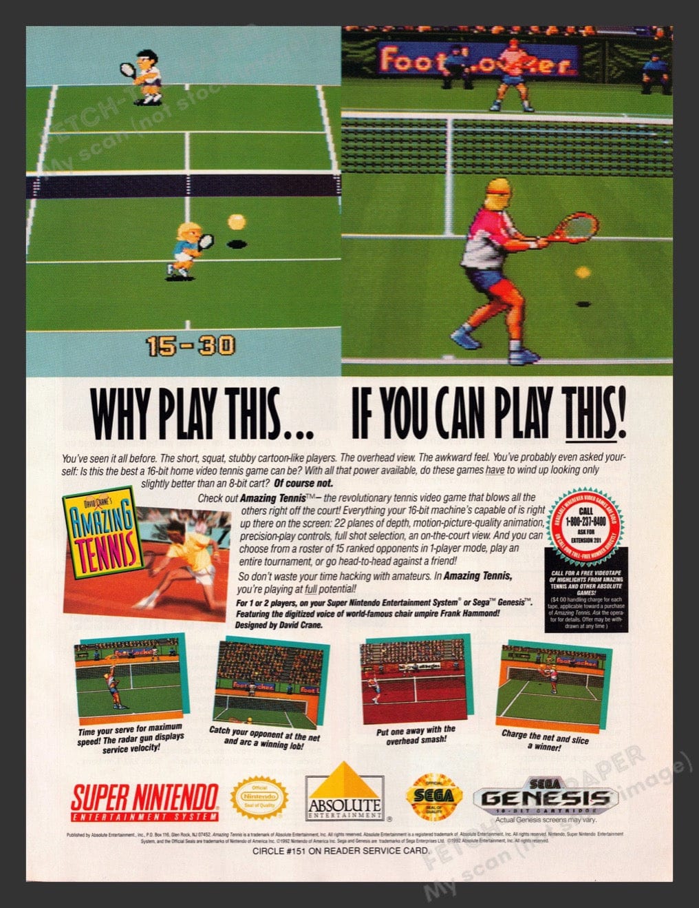 David Crane's Amazing Tennis 1990s Video Game Print Advertisement 1992 — Fetch-the-Paper