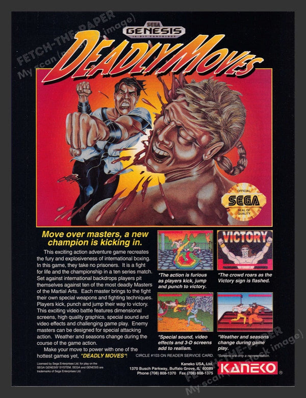 Deadly Moves 1990s Video Game Print Advertisement 1992 — Fetch-the-Paper