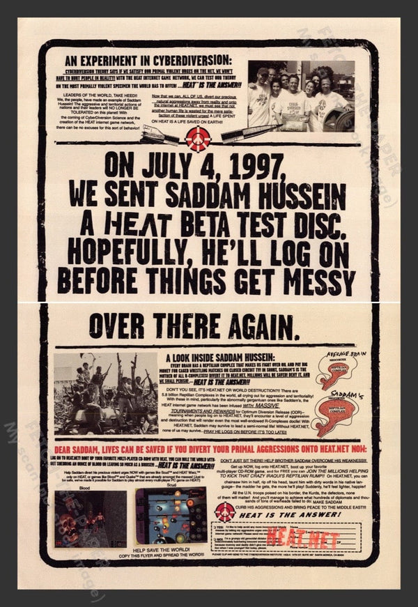 Heat.net Saddam Hussein Video Game 1990s Print Advertisement (2 Pages) — Fetch-the-Paper