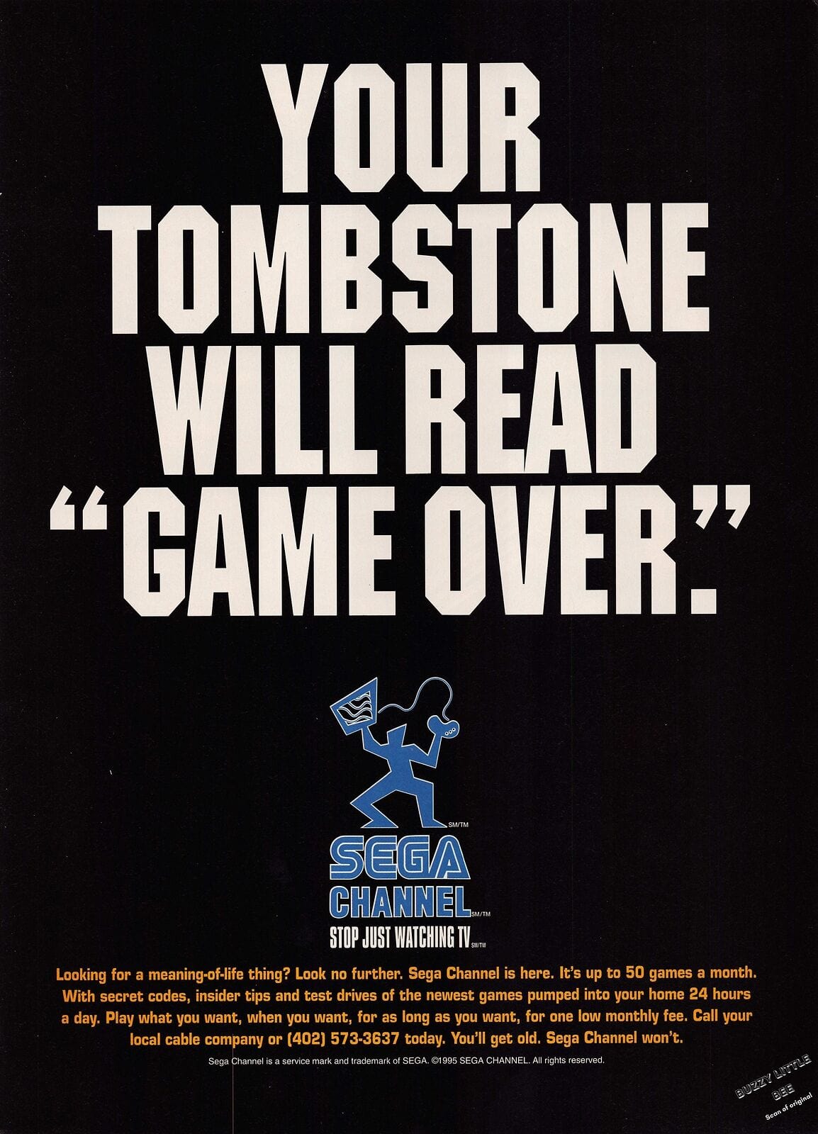 1995 Print Advertisement Sega Channel "Game Over" Tombstone A539 ...