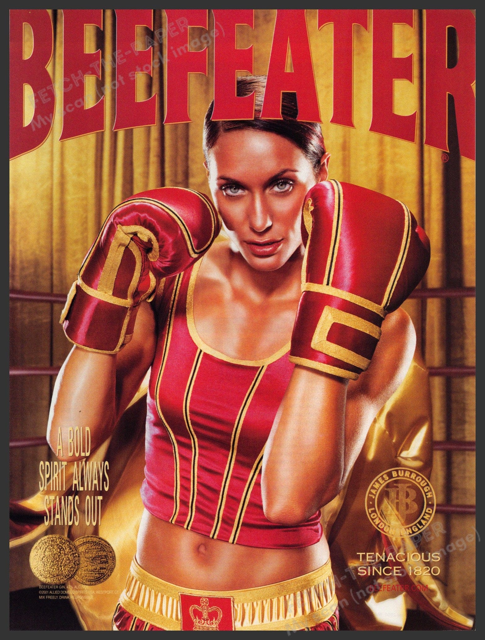 Beefeater Gin 2001 Ad - Female Boxer in Red and Gold — Fetch-the-Paper