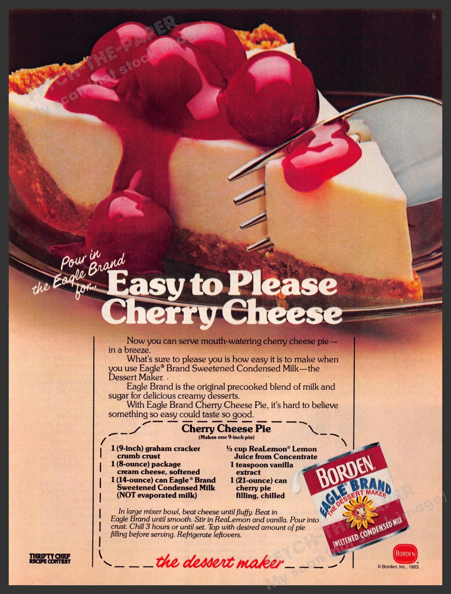 Borden 1980s Magazine Print Advertisement 1983 "Cherry Cheese Pie" Rec ...