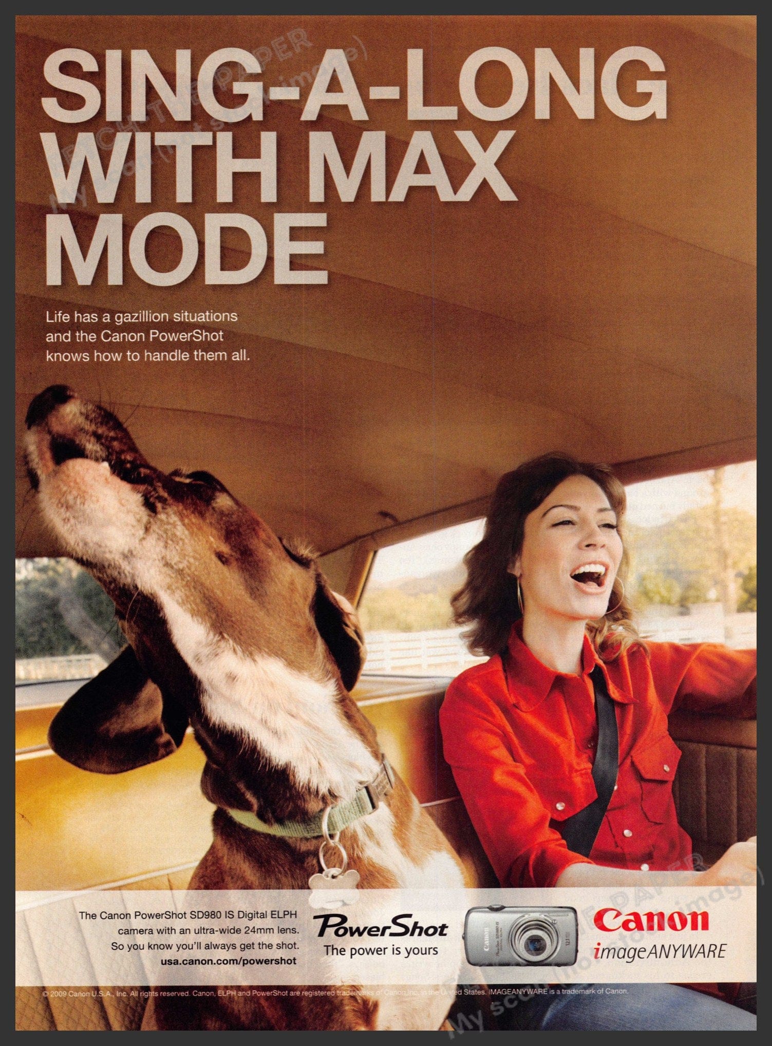 Canon PowerShot 2000s Print Advertisement Ad 2009 Singing Dog in Car ...