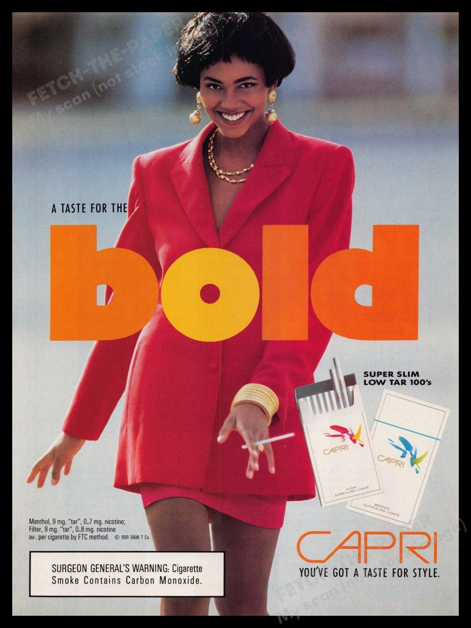 Capri Cigarettes 1990s Print Advertisement Ad 1991 "A taste for the bo ...