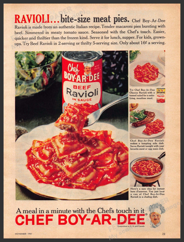 Chef Boy-ar-dee Ravioli 1960s Print Advertisement 1961 Bite-size ...