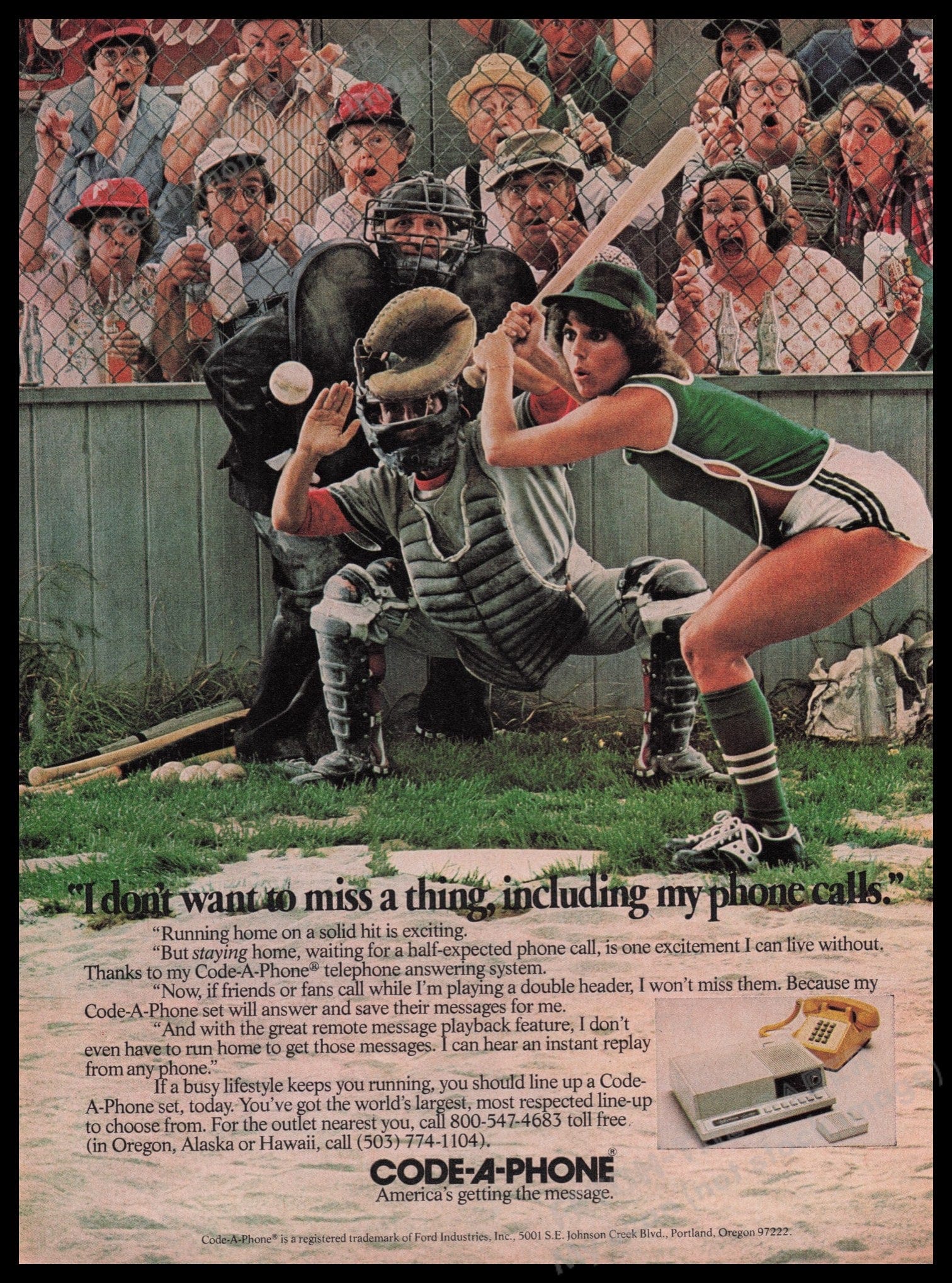 Vintage 1980s Code-A-Phone Ad - Female Baseball Player — Fetch-the-Paper