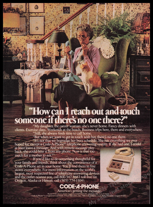 Vintage 1980s Code-A-Phone Ad: Elderly Lady & Cat Scene — Fetch-the-Paper