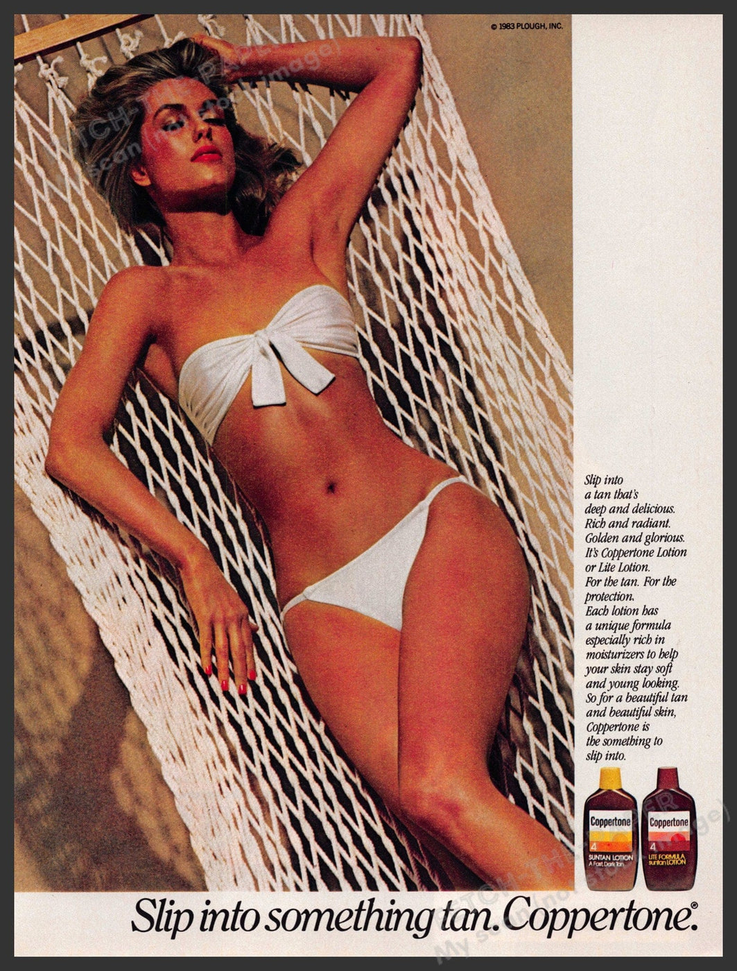 Coppertone 1980s Print Advertisement Ad 1983 "Slip into something tan" — Fetch-the-Paper