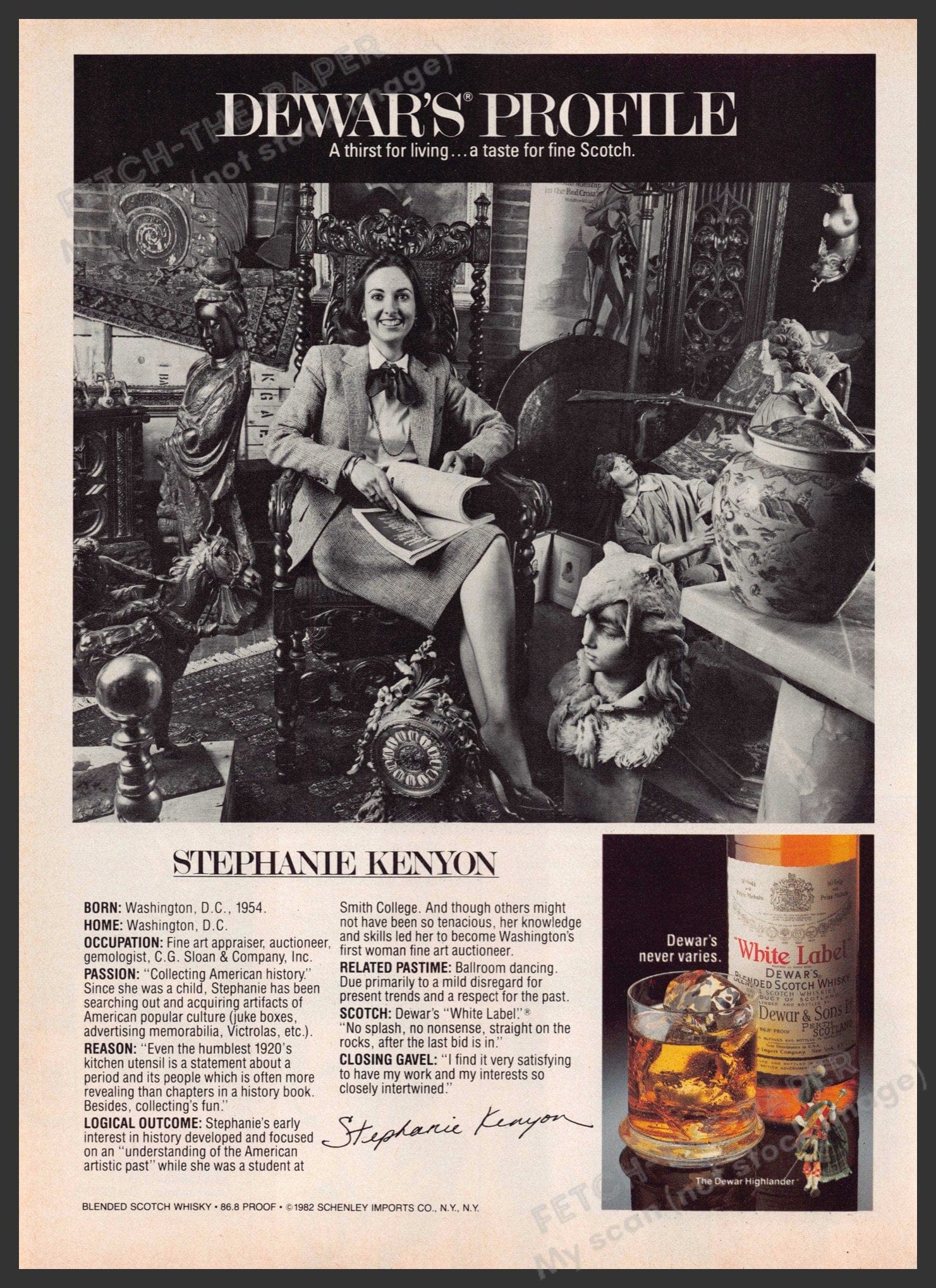 Dewar's Profile Stephanie Kenyon 1980s Vintage Print Ad — Fetch-the-Paper