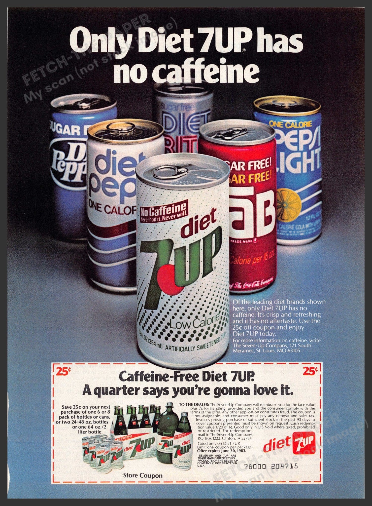 1982 Diet 7 UP Soda Ad - Caffeine-Free, 25¢ Coupon — Fetch-the-Paper