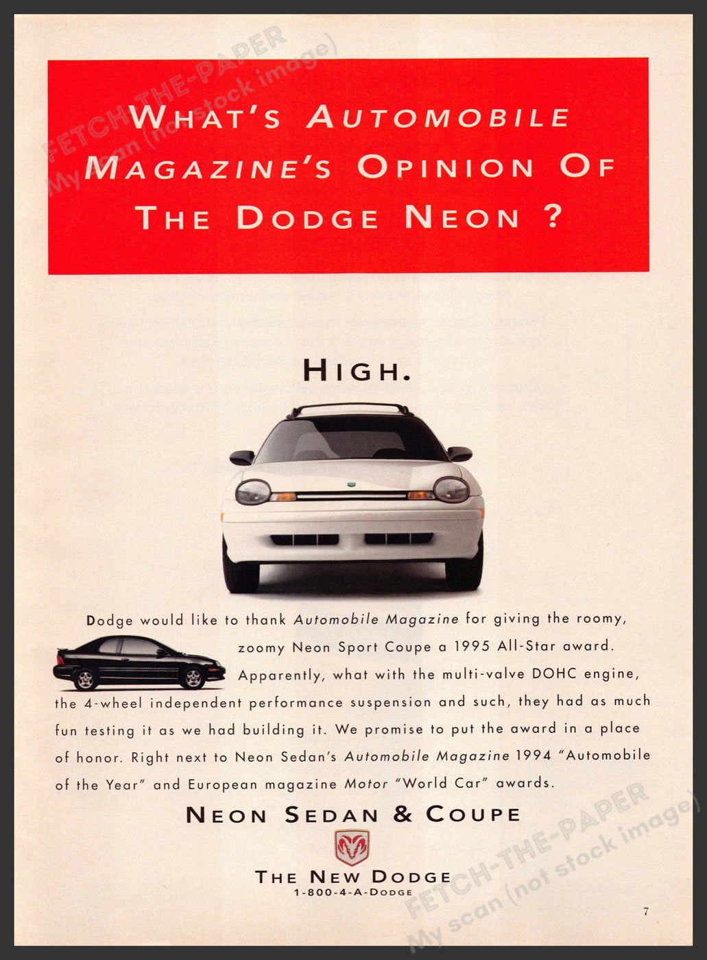 Original 1993 Dodge Neon Print Ad - Automobile Magazine Praise — Fetch ...