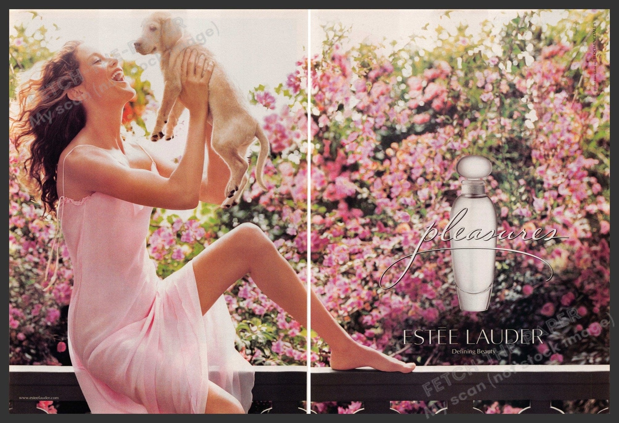 Estee Lauder Pleasures 2003 Ad - Woman & Lab Puppy, Floral Scene ...