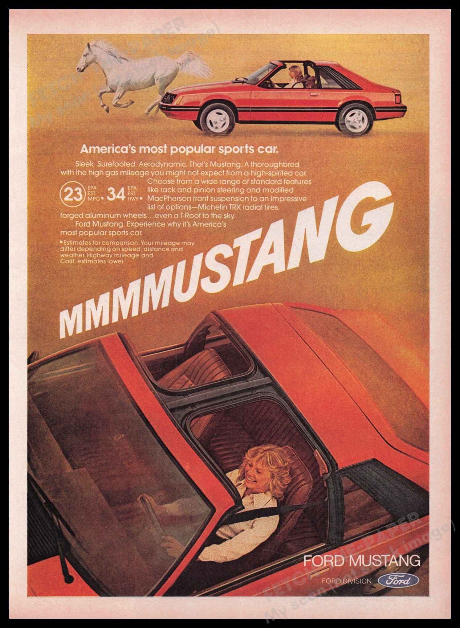 Vintage 1980s Ford Mustang T-Roof Car Print Ad 8"x11" — Fetch-the-Paper
