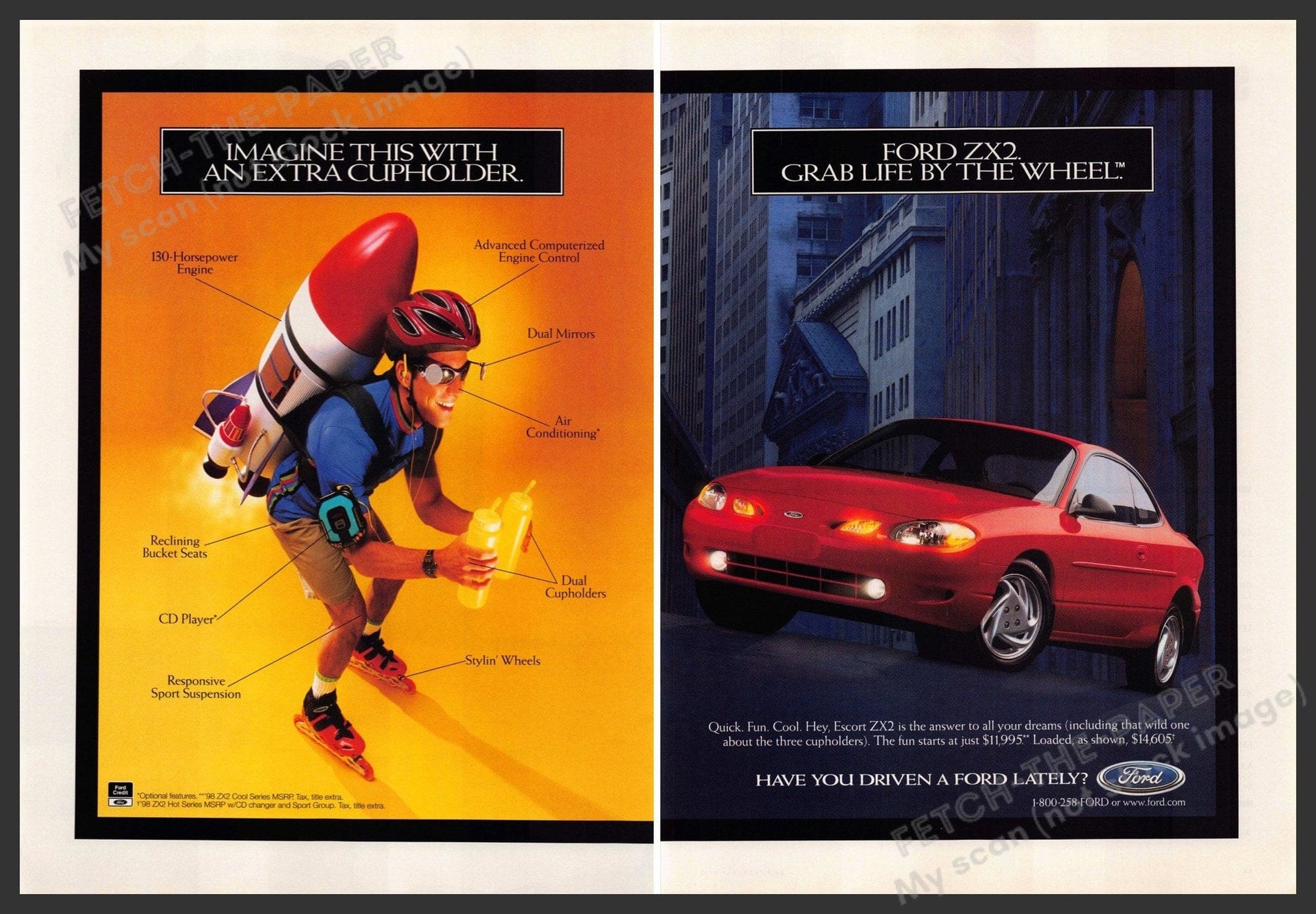 Ford ZX2 1990s Magazine Print Ad (2 pages) 1998 "Grab life by the whee — Fetch-the-Paper