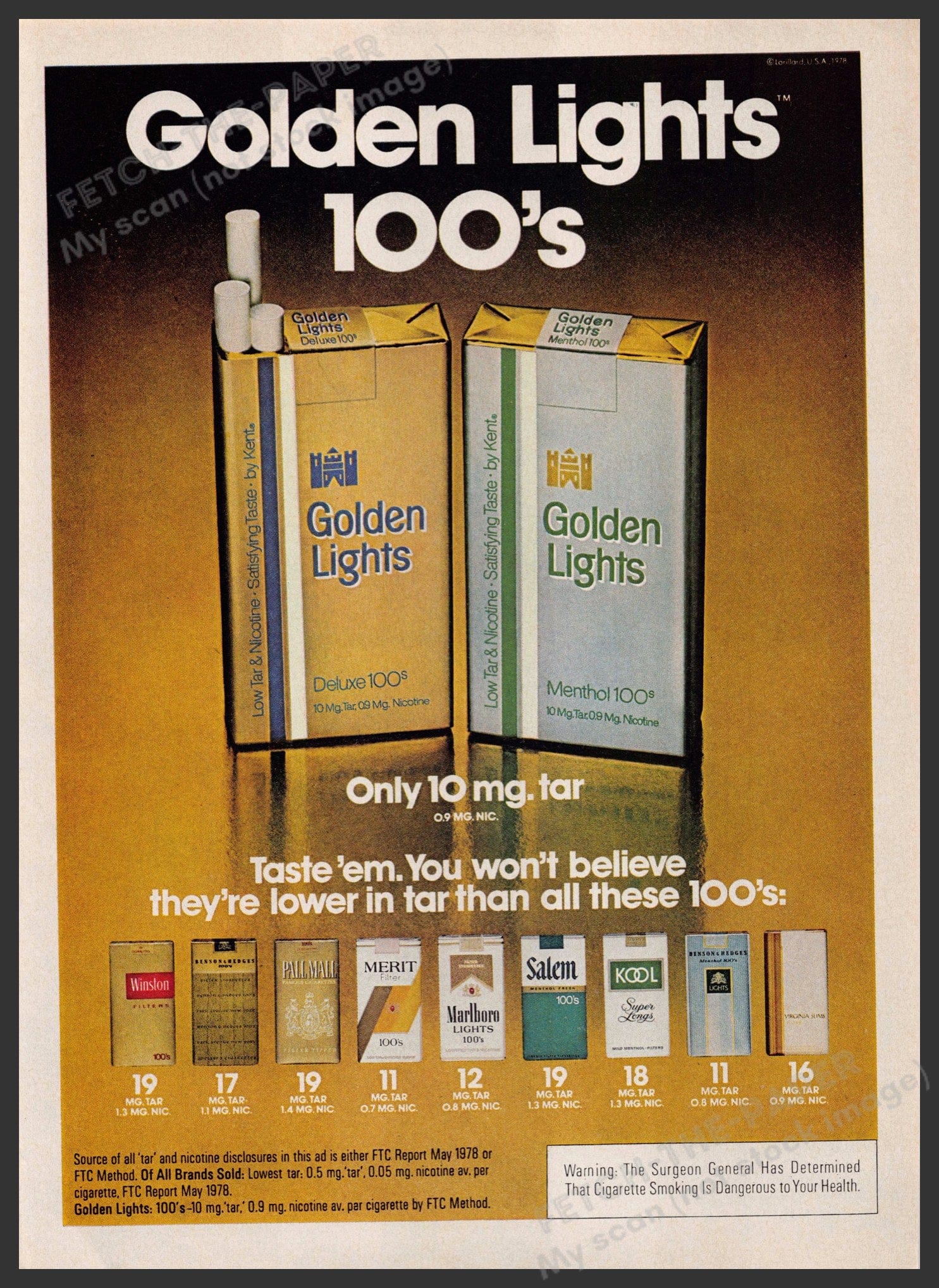 Golden Lights 100's Cigarettes 1970s Print Ad — Fetch-the-Paper