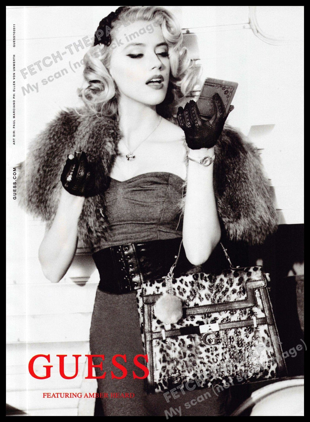 Guess 2011 Vintage Fashion Ad Amber Heard Fur Handbag Print — Fetch-the ...