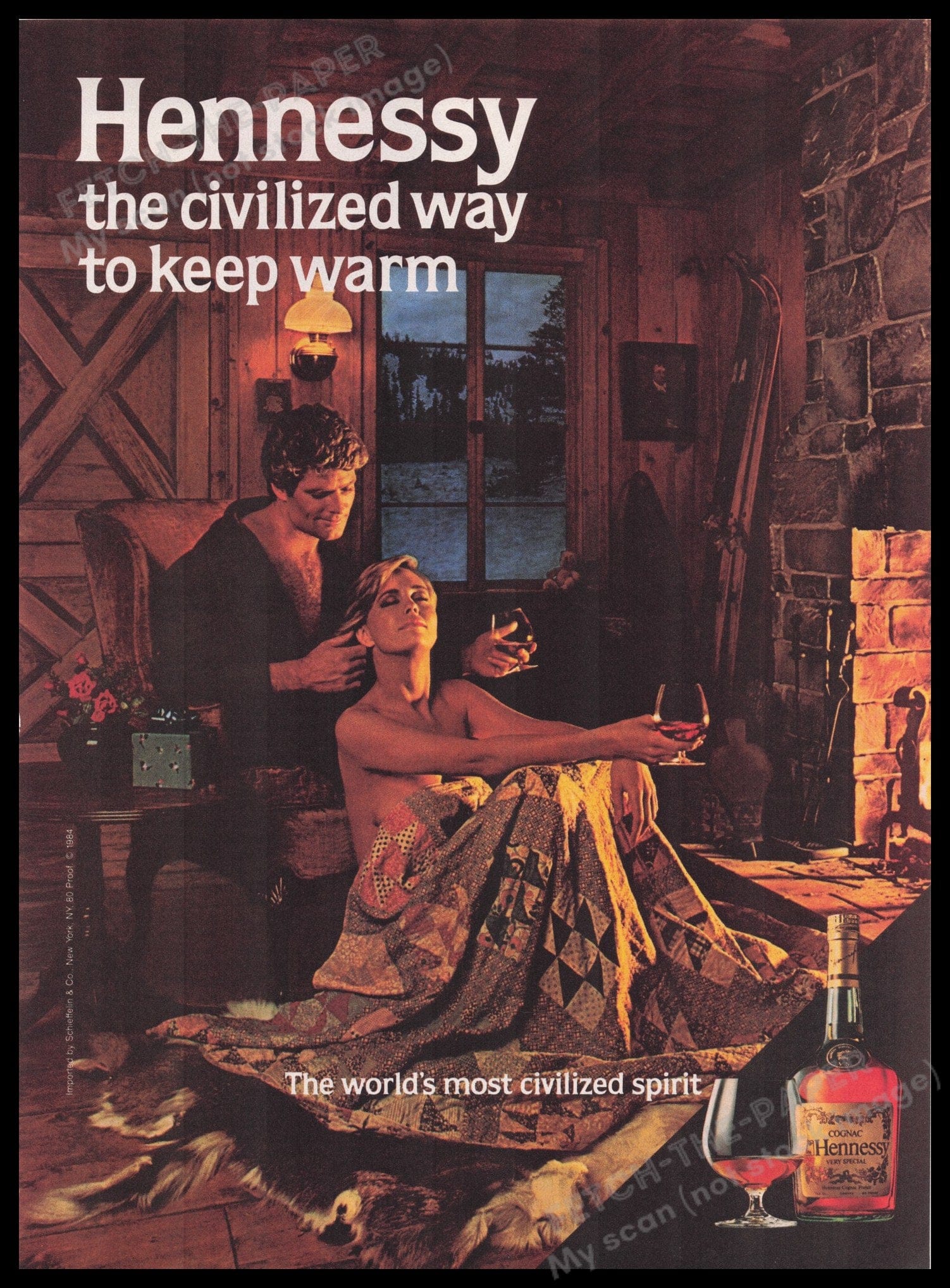 Hennessy Cognac 1980s Print Advertisement Ad 1985 Couple Bare Cabin Fi ...