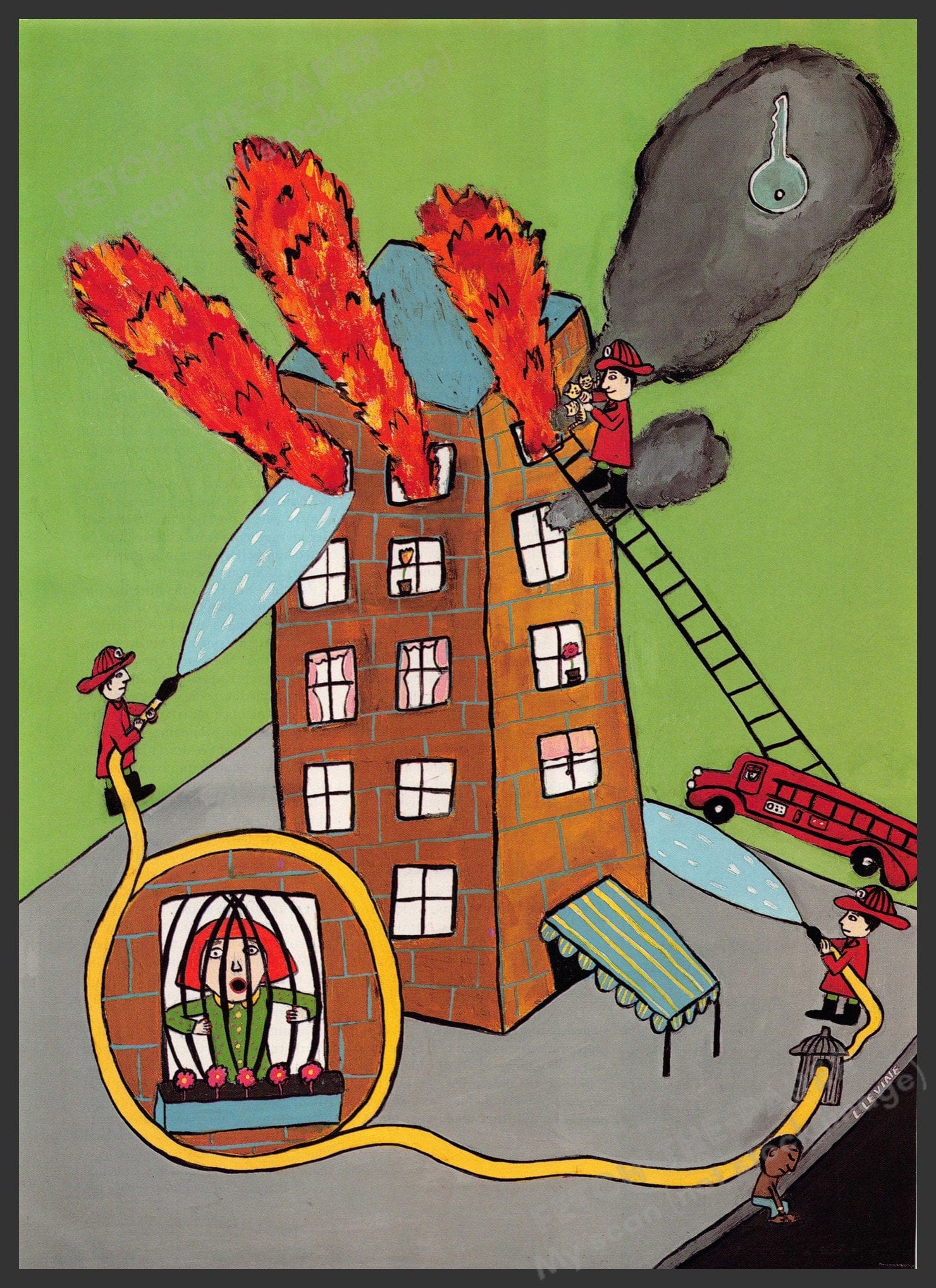 Laura Levine Artist 1990s Magazine Illustration 1998 Building Fire Tra — Fetch-the-Paper