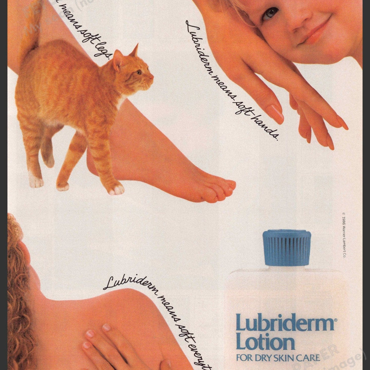 Vintage 1986 Lubriderm Lotion Print Ad - Soft Skin & Cat — Fetch-the-Paper