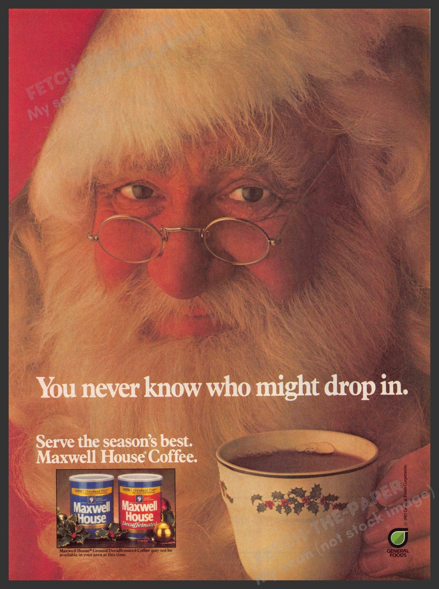 Maxwell House 1985 Santa Coffee Vintage Magazine Ad — Fetch-the-Paper
