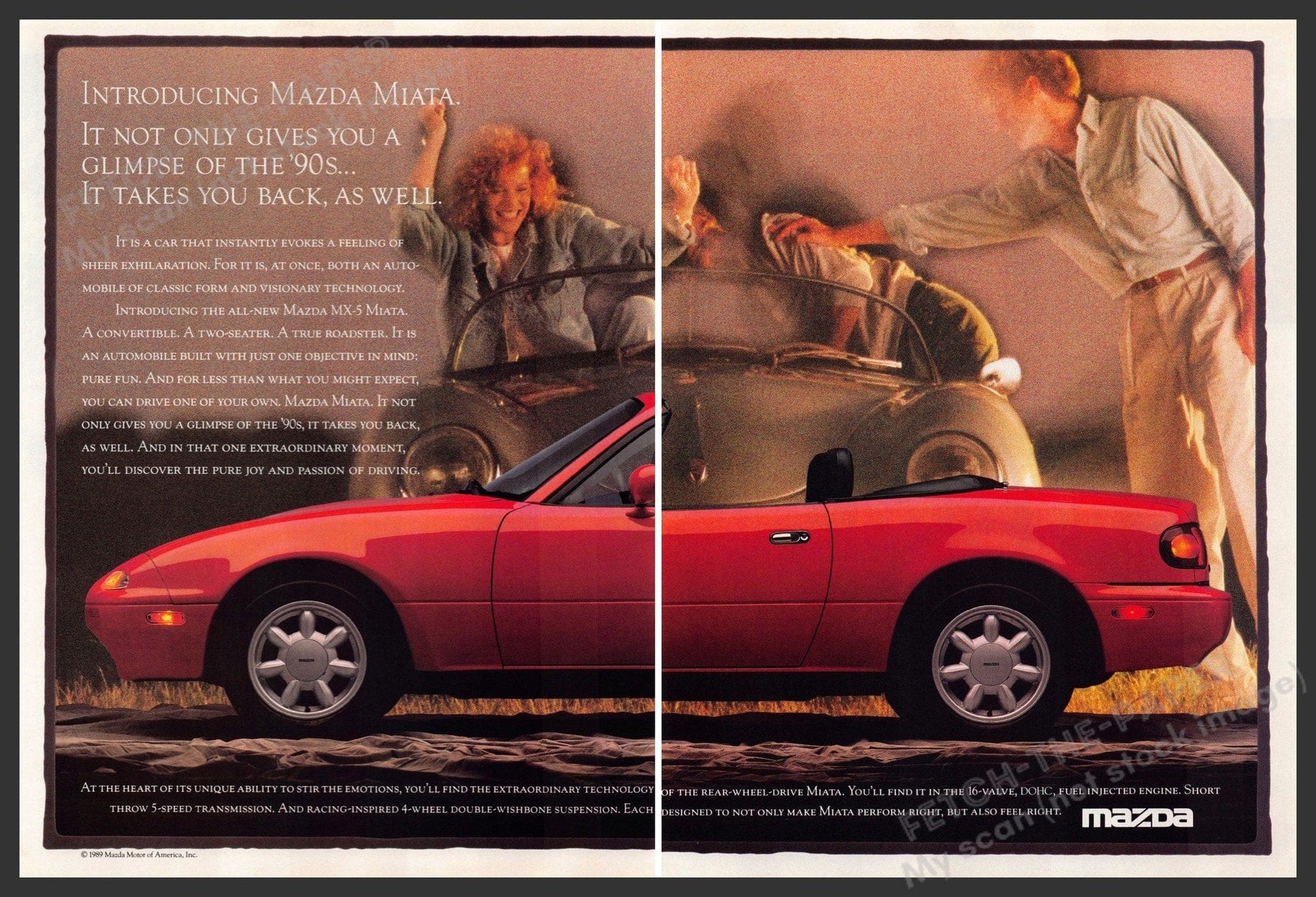 Mazda Miata 1980s Print Advertisement (2 page) 1989 "Glimpse of the 90 — Fetch-the-Paper