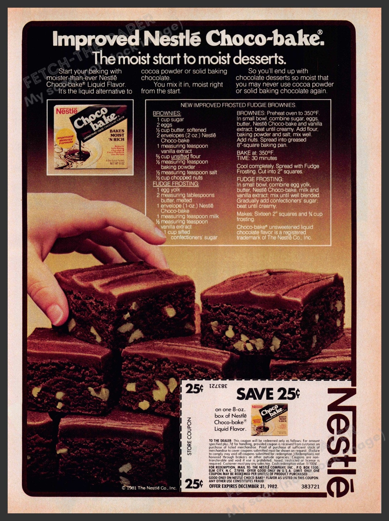 1981 Nestle Choco-bake Ad with Chocolate Frosted Brownies Recipe — Fetch-the-Paper