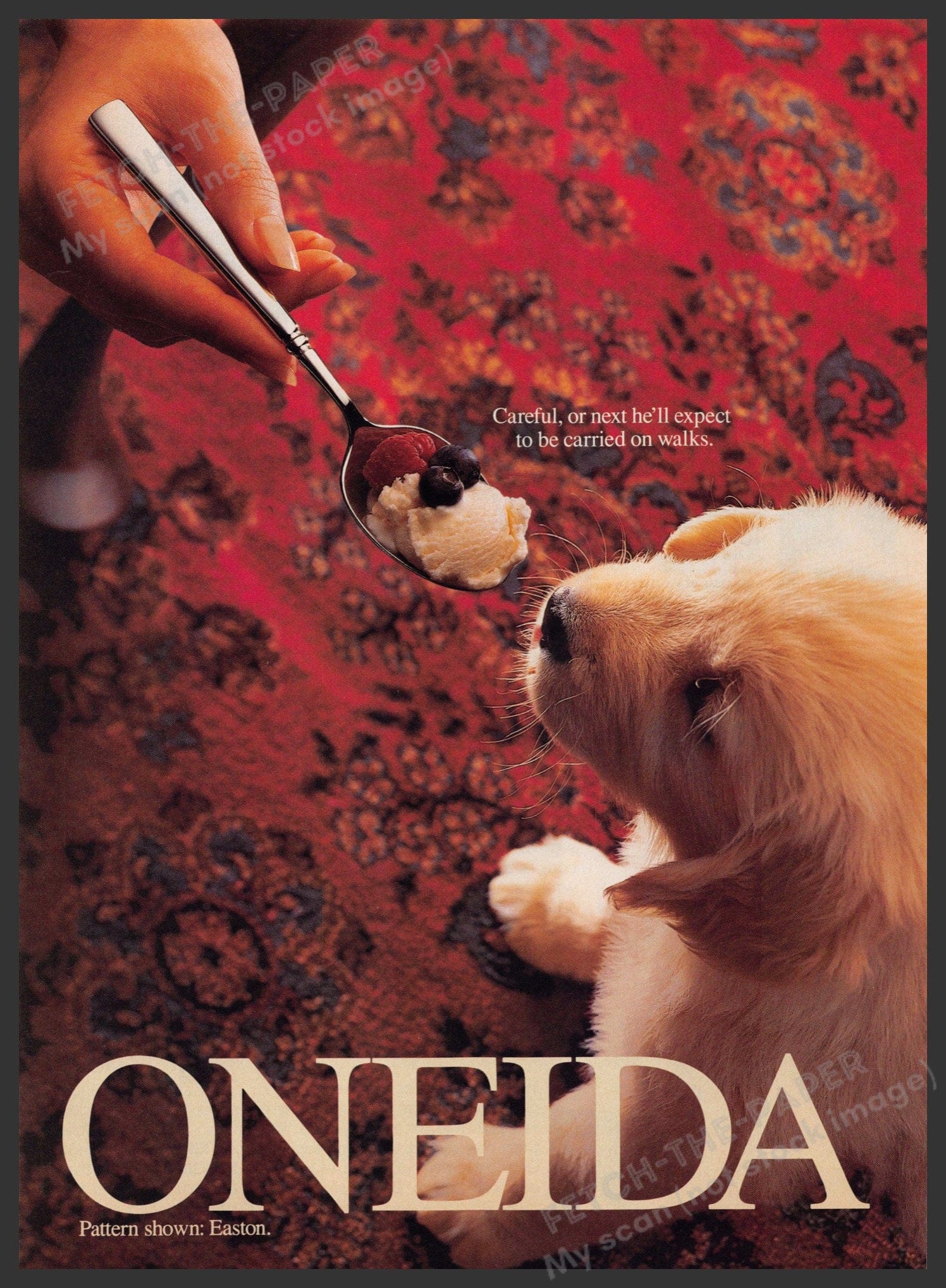 Oneida Flatware "Easton" 1995 Print Ad with Lab Puppy — Fetch-the-Paper
