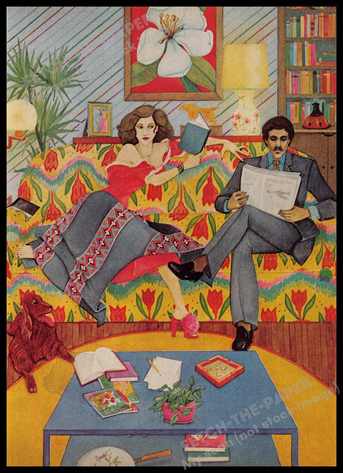 1977 Patricia Dryden Magazine Illustration - Cozy 1970s Couple Scene ...