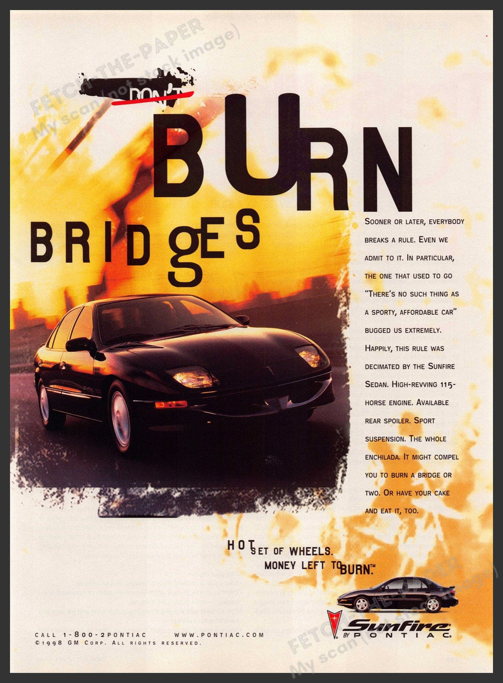 Pontiac Sunfire 1990s Magazine Print Advertisement 1998 "Burn Bridges" — Fetch-the-Paper