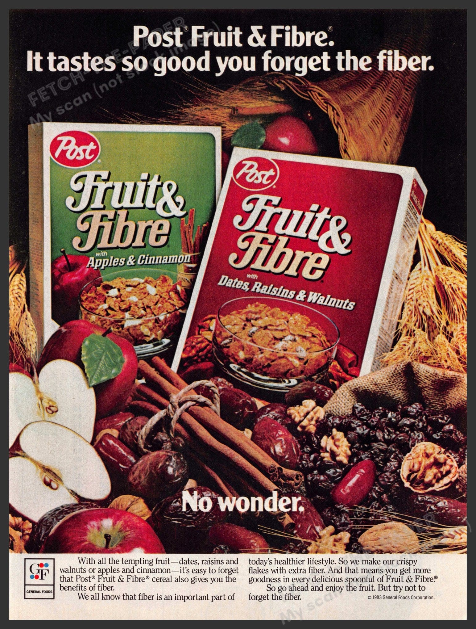 Post Fruit & Fibre 1980s Print Advertisement Ad 1983 Cereals "No Wonde ...