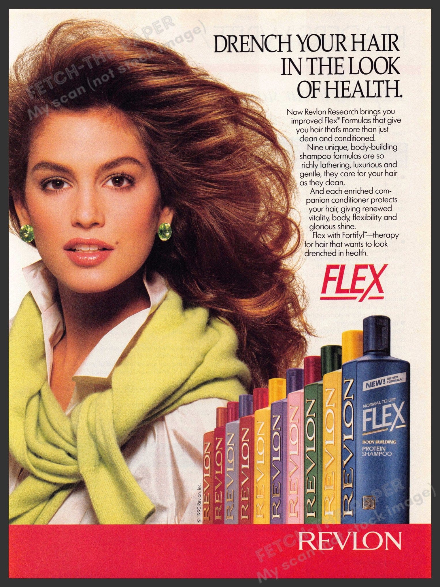 Revlon 1990s Magazine Print Advertisement 1990 Flex Cindy Crawford "Dr — Fetch-the-Paper