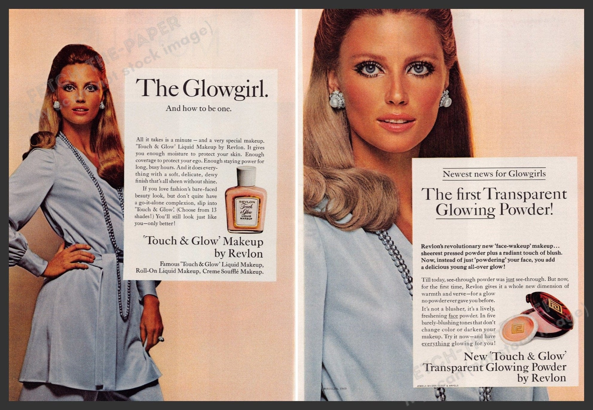 Revlon Touch & Glow Makeup 1960s Print Advertisement Ad (2 pages) 1969 — Fetch-the-Paper