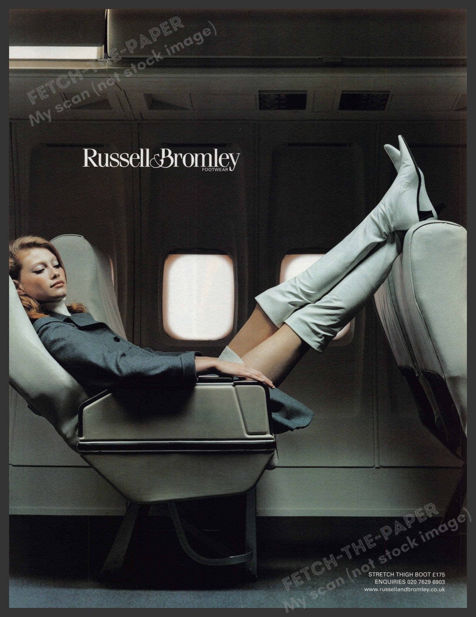 Russell & Bromley 2003 Ad: Thigh-High Boots on Airplane — Fetch-the-Paper