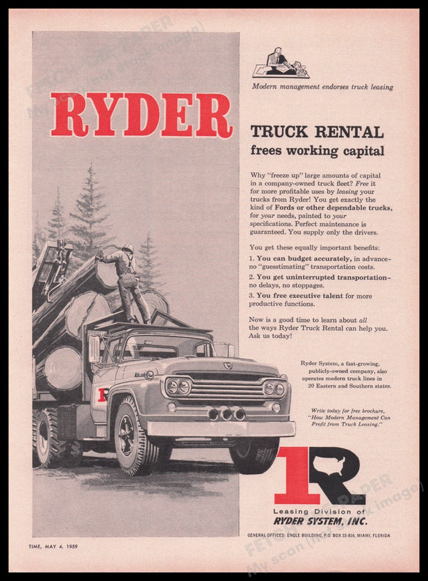 Ryder Truck Rental Logging Trees 1950s Print Advertisement Ad 1959 ...