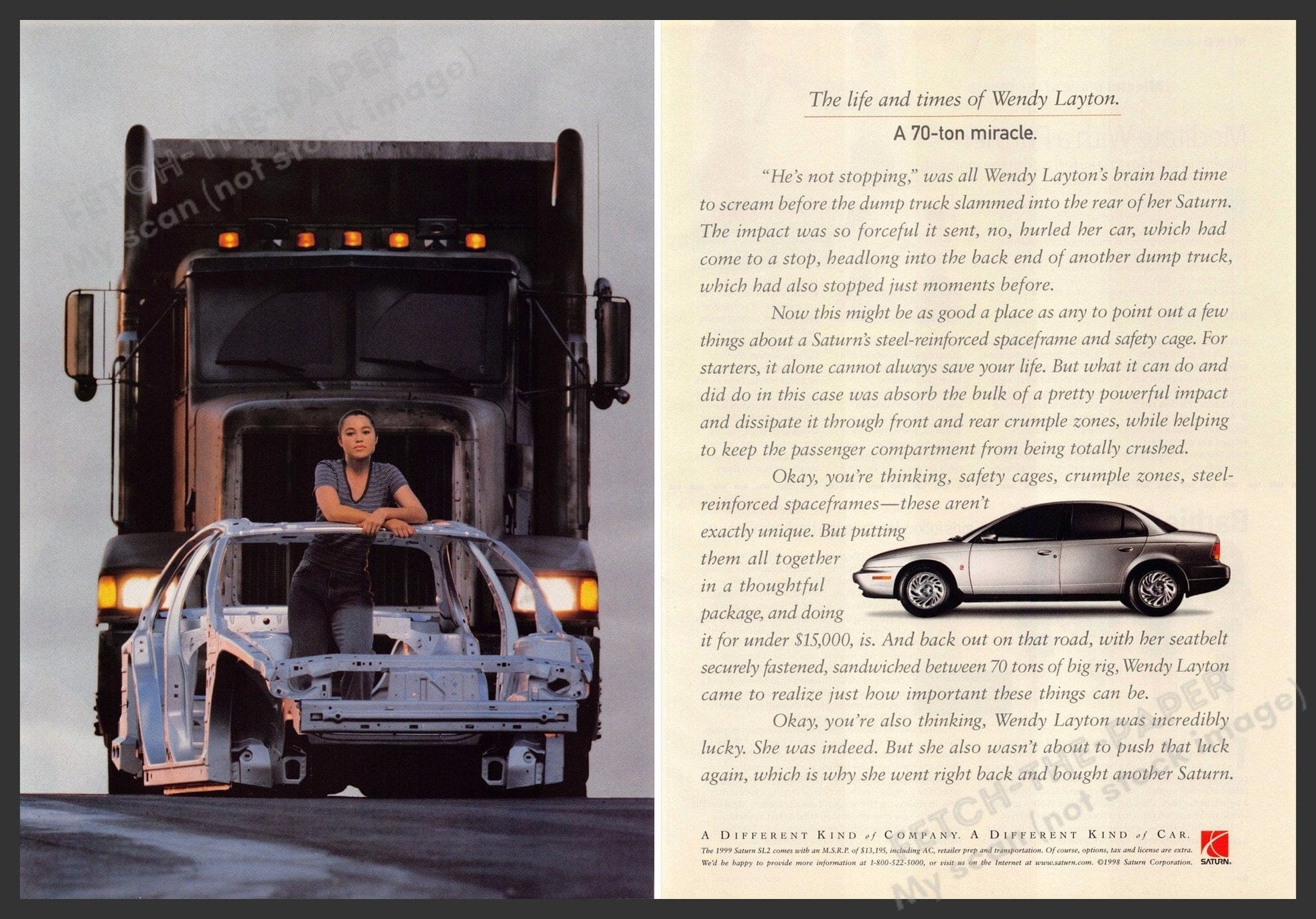 Saturn SL2 1990s Magazine Print Advertisement (2 pages) 1998 Wendy Lay — Fetch-the-Paper