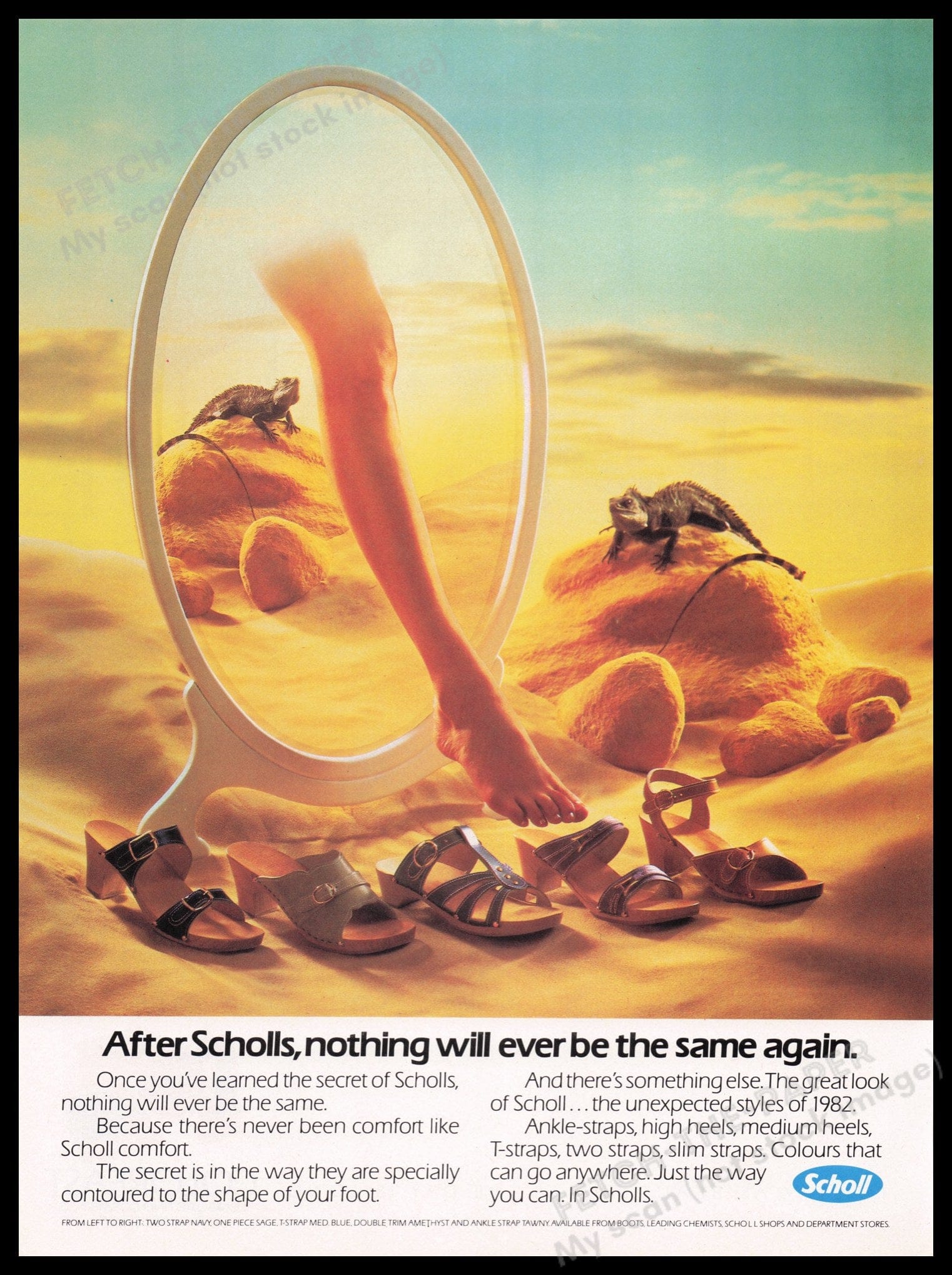 Scholl Shoes 1980s Print Advertisement Ad 1982 Legs Desert Iguana Lizz ...