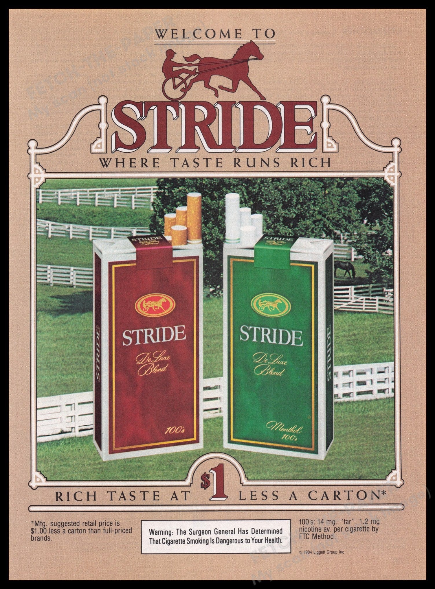 Stride Cigarettes 1980s Print Advertisement Ad 1985 "Where taste runs ...