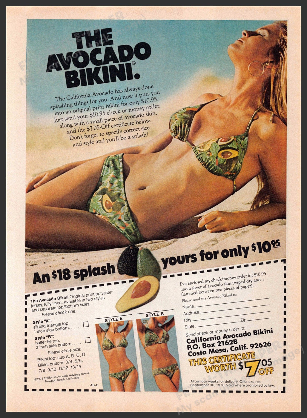 Vintage 1977 Avocado Bikini Magazine Print Ad - 8"x11" — Fetch-the-Paper