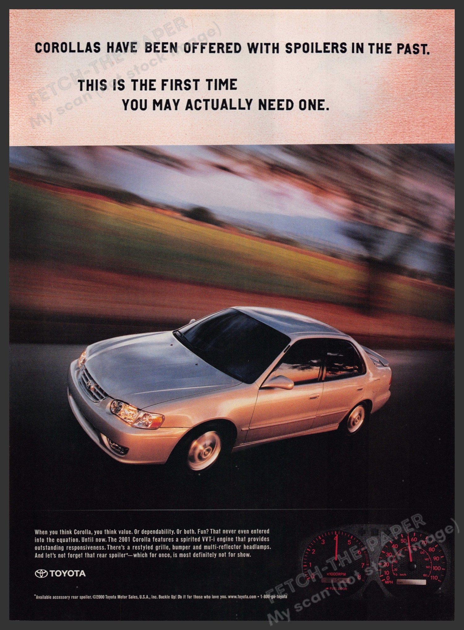 Toyota Corolla 2000s Print Advertisement 2001 "Need a spoiler" — Fetch ...