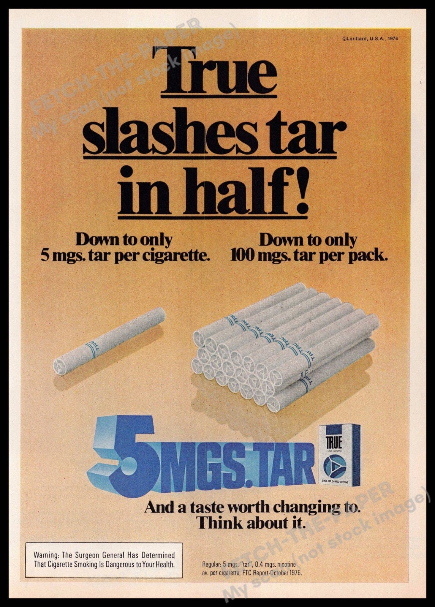 True Cigarettes 1970s Print Advertisement 1977 Slashes Tar in Half ...