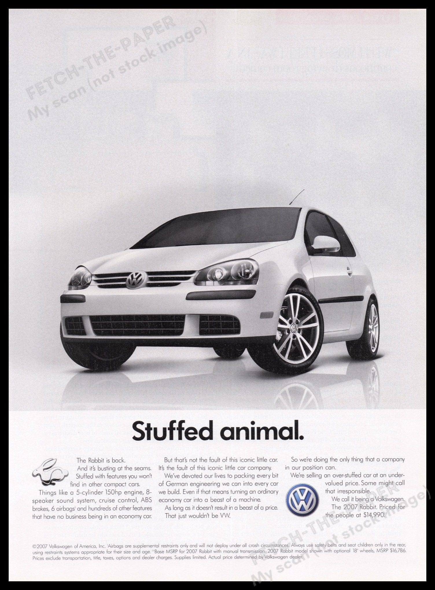 Volkswagen Rabbit Car 2000s Print Advertisement Ad 2007 "Stuffed anima ...