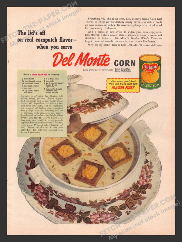 Del Monte Corn Chowder Recipe 1940s Print Advertisement — Fetch-the-Paper